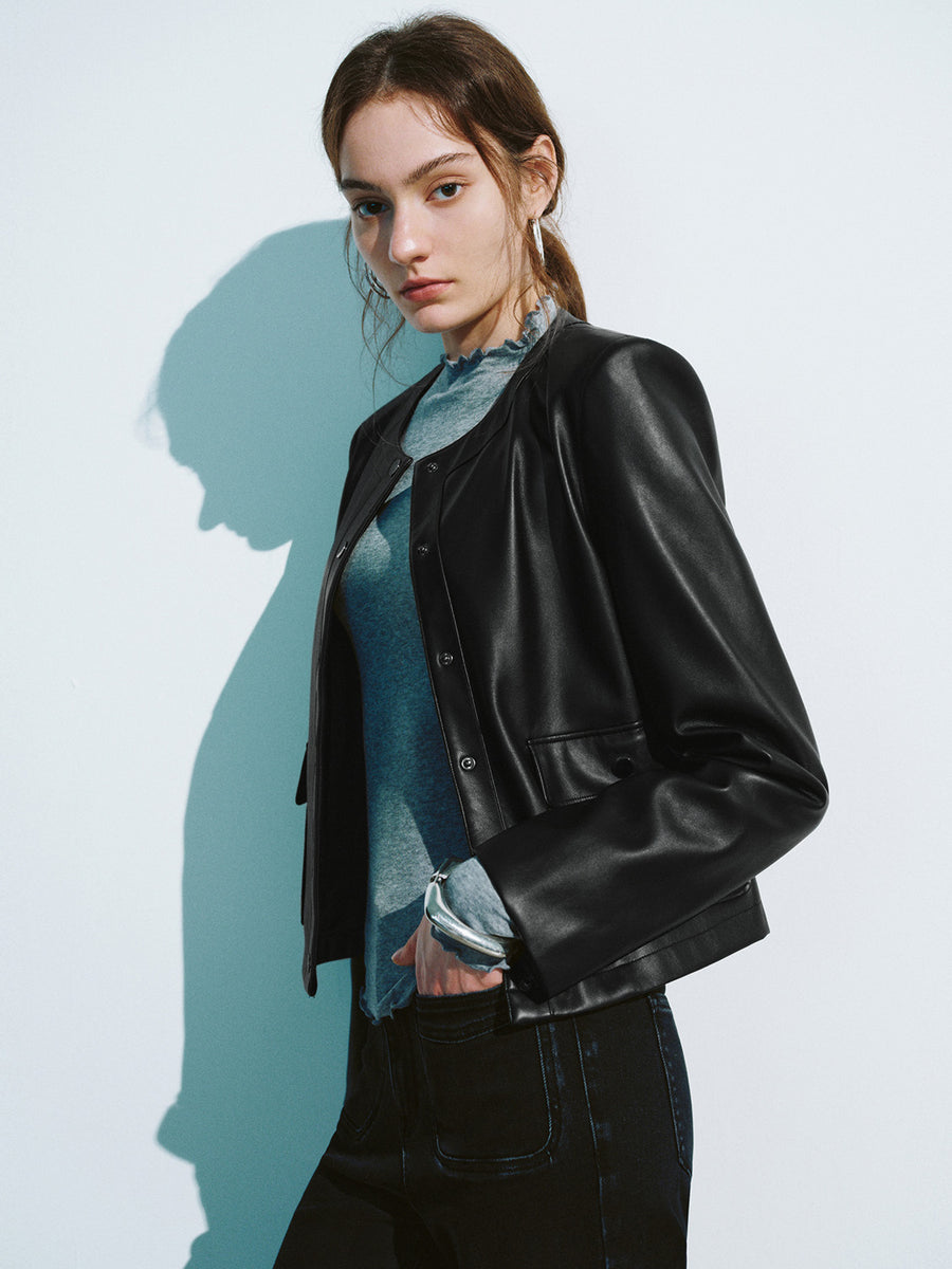 Crew Neck Vegan Leather Jacket – URBAN REVIVO Singapore
