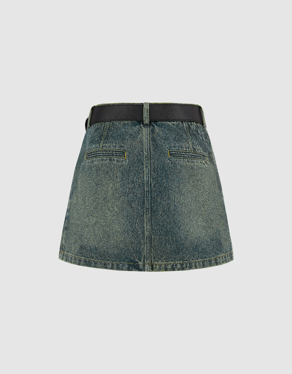 Pleated Denim Skort With Belt – URBAN REVIVO Singapore