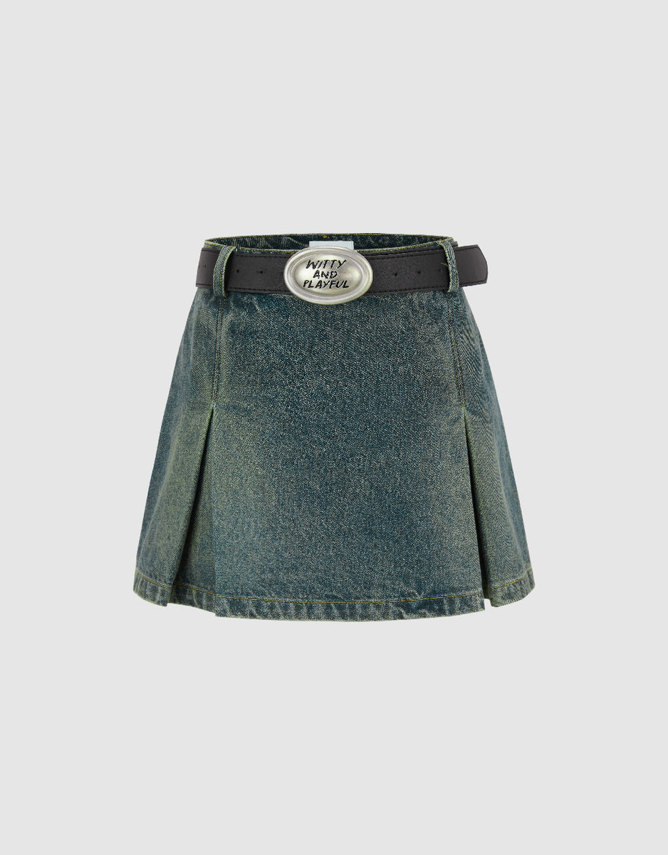 Pleated Denim Skort With Belt – URBAN REVIVO Singapore